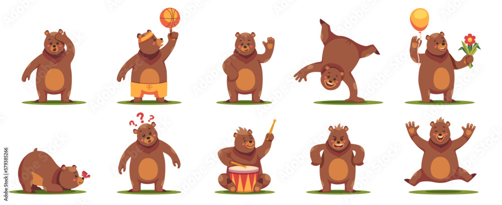 Funny bear character. Cute cartoon teddy mascots, comic fluffy zoo ...