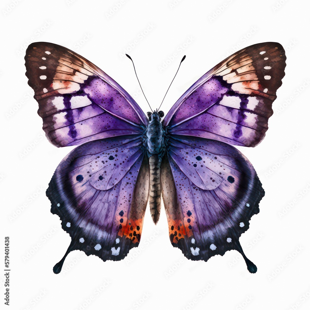 Beautiful purple butterfly, top view. Watercolor illustration of a ...