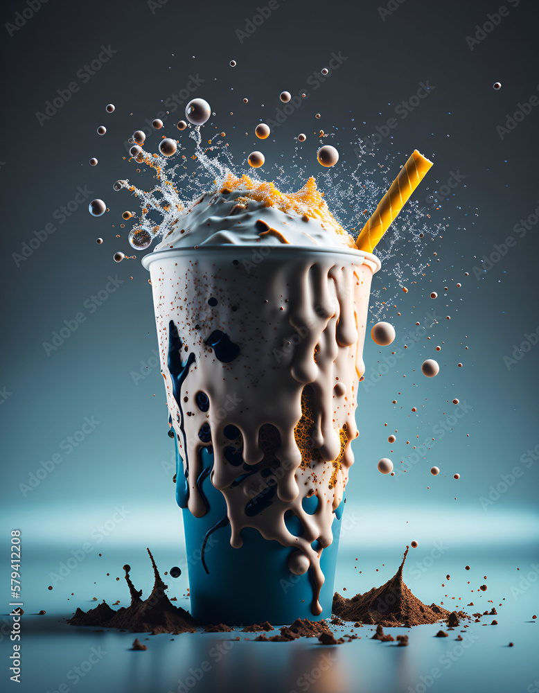 Bubble tea and milk with bright splashes. The drinking water is ...