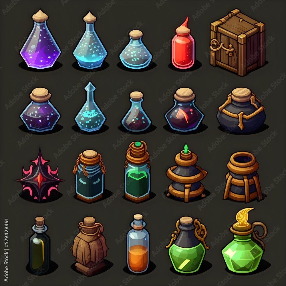 Стокова ілюстрація Set of RPG game icons, sprite sheet of magic potions ...