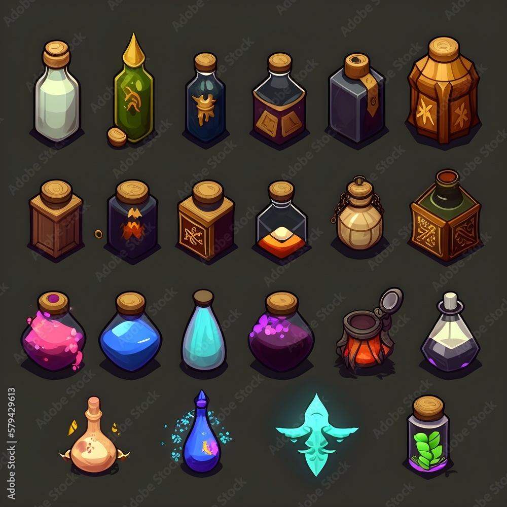 Set of RPG game icons, sprite sheet of magic potions, generative ai, 2d ...