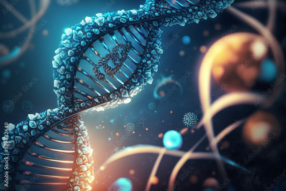 Concept of human DNA details view under the microscope. Blue helix ...