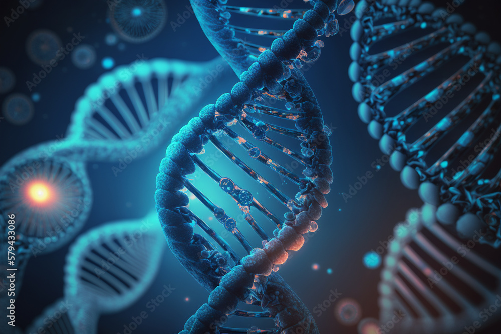 Concept of human DNA details view under the microscope. Blue helix ...