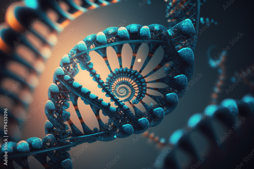 Concept of human DNA details view under the microscope. Blue helix ...