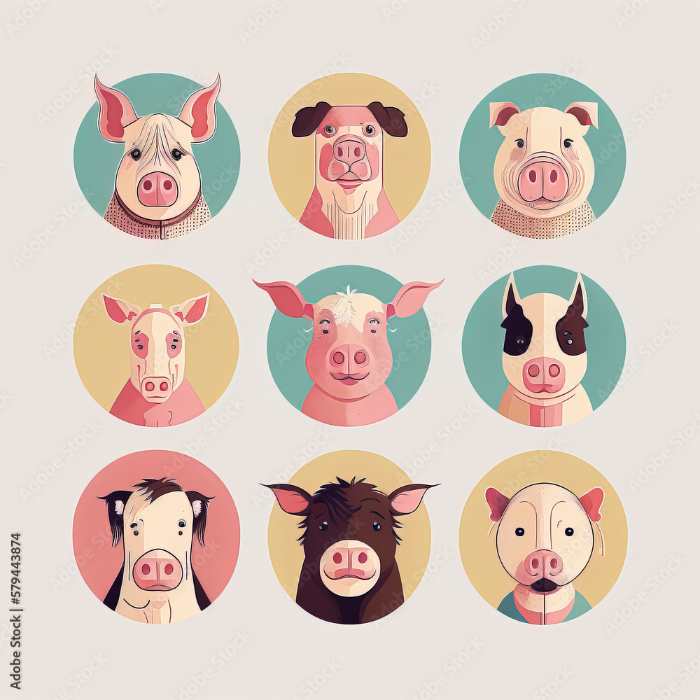 Pig Avatar Illustration: A Collection of Cute Farm Animal Profile Icons ...