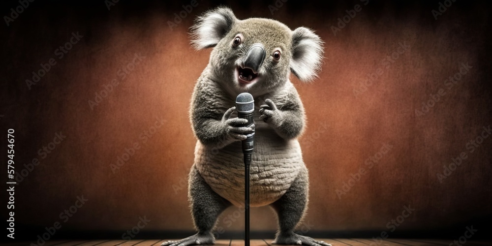 Koala holding microphone and standing on stage looking like its ...