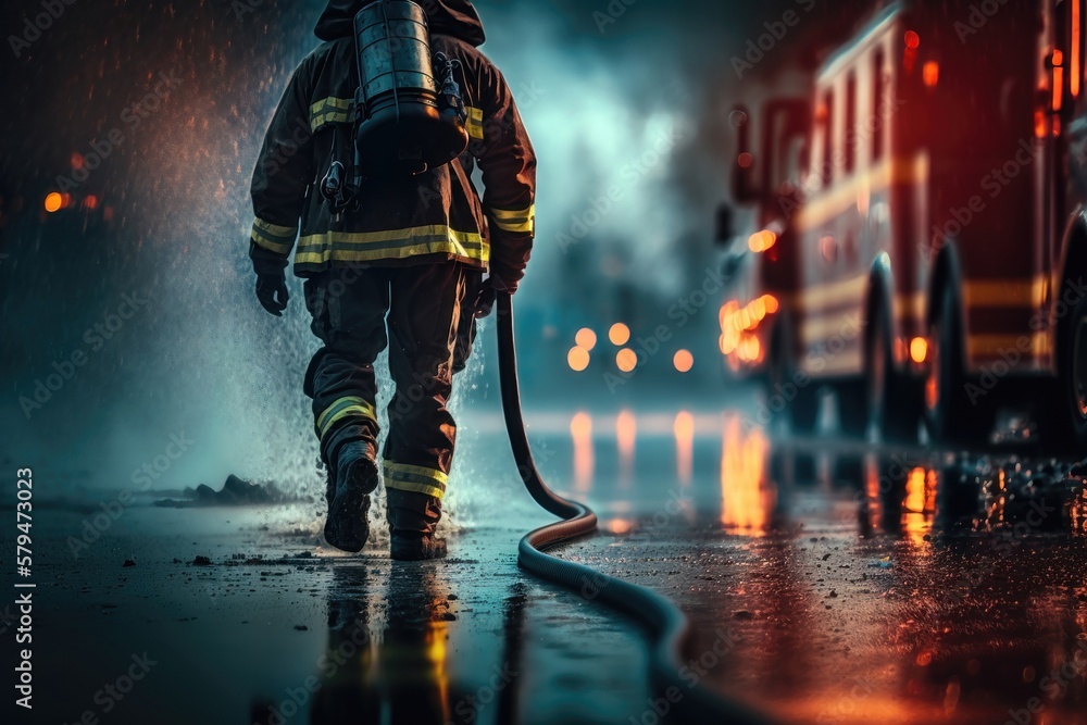 Focus of firefighter with water hose extinguishing fire on street. AI ...