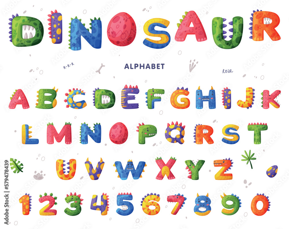 Dinosaur alphabet colorful letters and numbers. Bright dino font. Abc ...