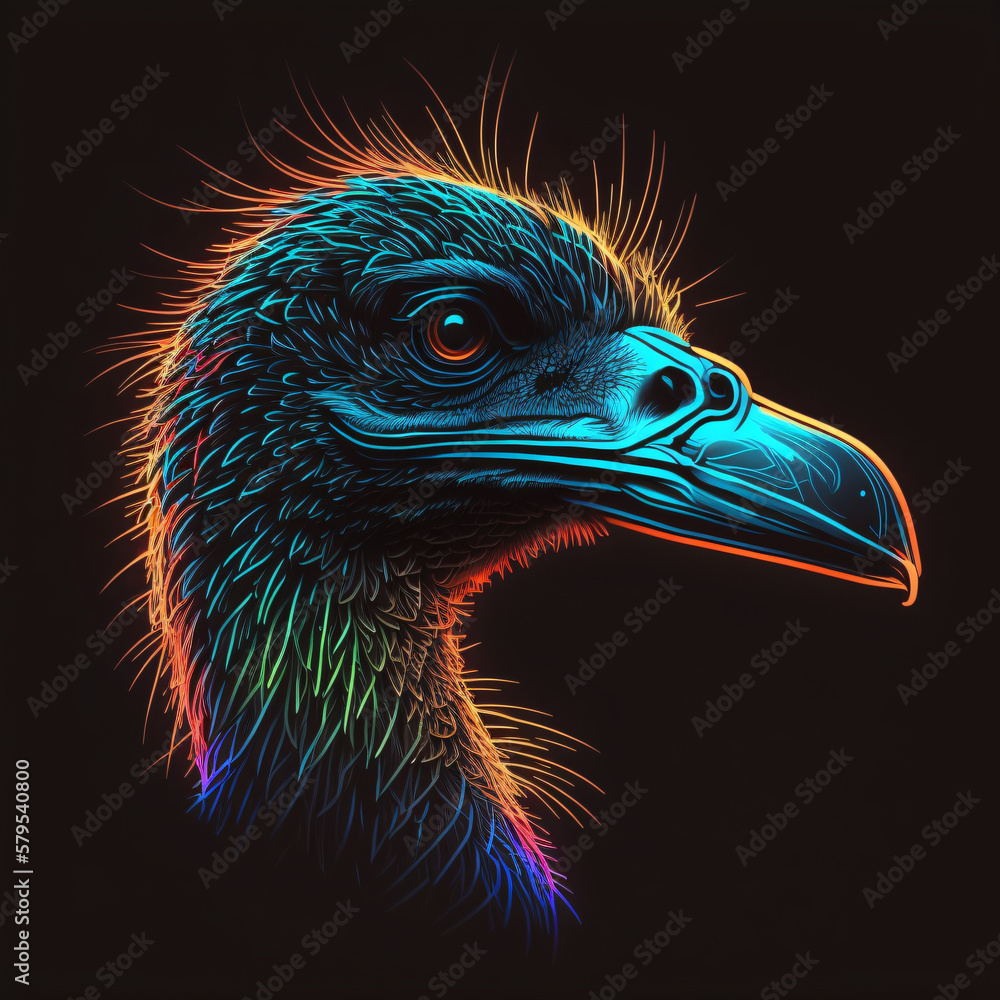 ostrich head silhouette neon glowing light portrait isolated on a black ...