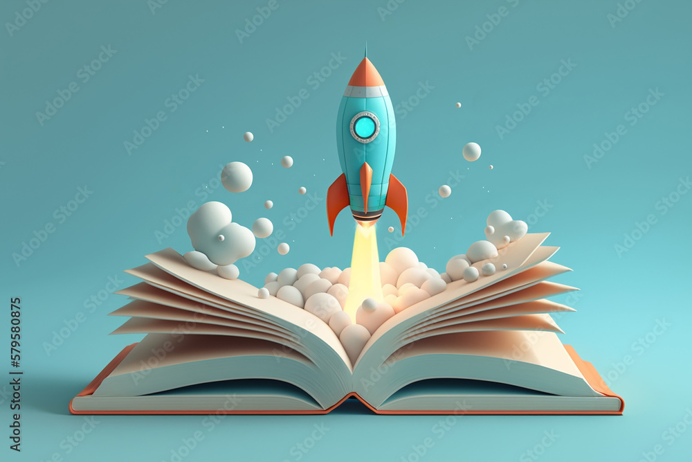 Cartoon style rocket launching from an open book on light blue ...