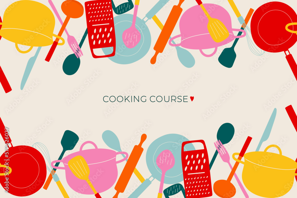 Vetor Cooking course. Kitchen tools horizontal banner in doodle style ...