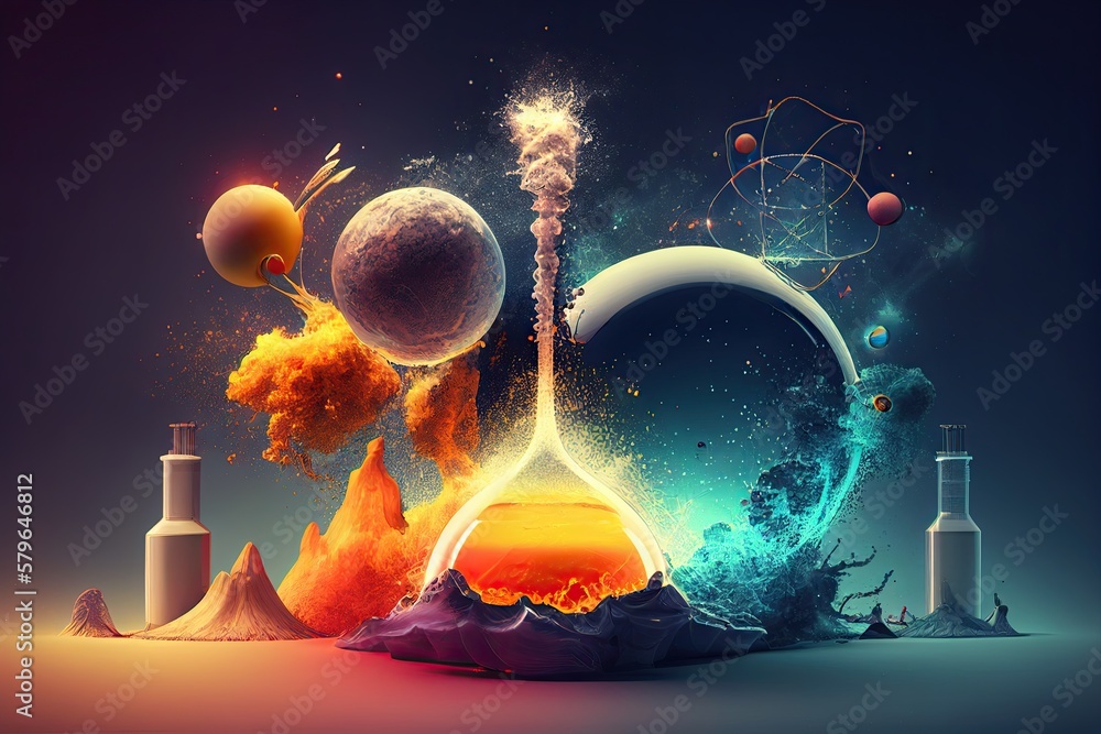 Science background illustration, scientific design. Flasks, glass and ...