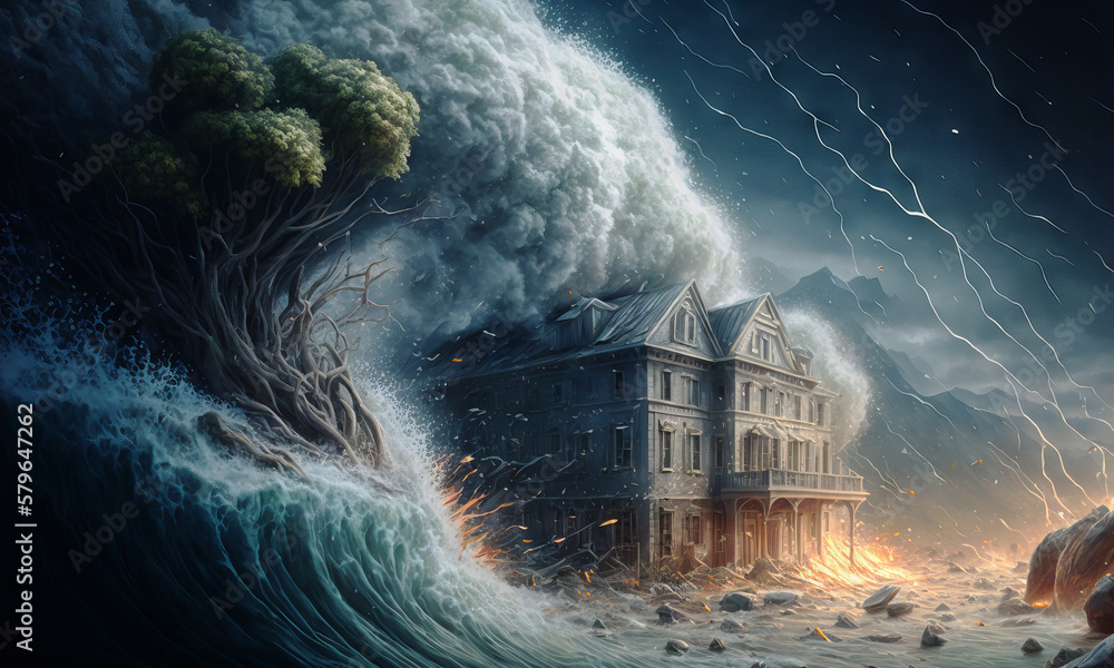 Huge tsunami destroying a house. Dramatic scenery with a big wave ...