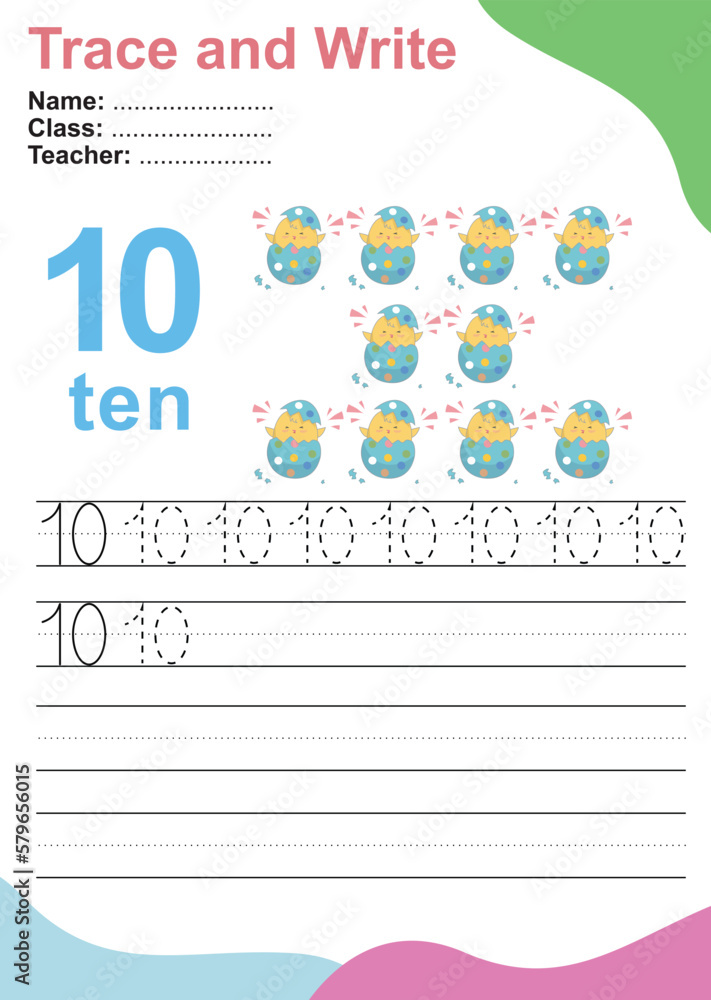 Number ten tracing practice worksheet with 10 chicks cracking from ...