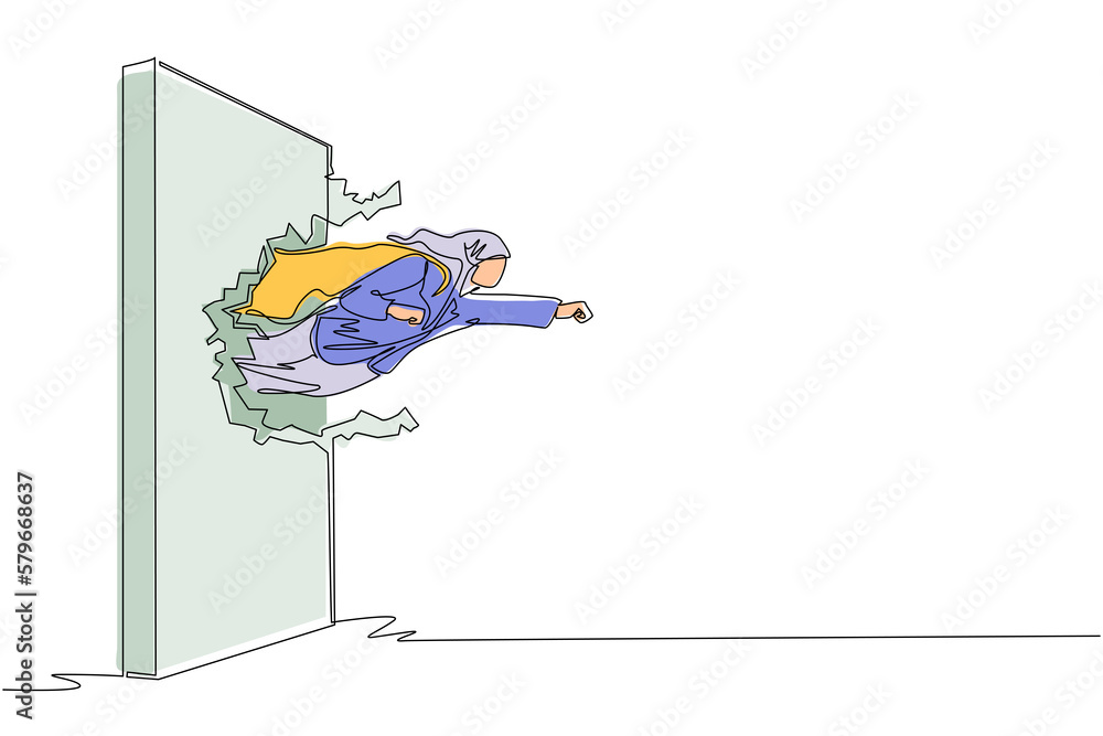Single continuous line drawing super Arab businesswoman punches and ...