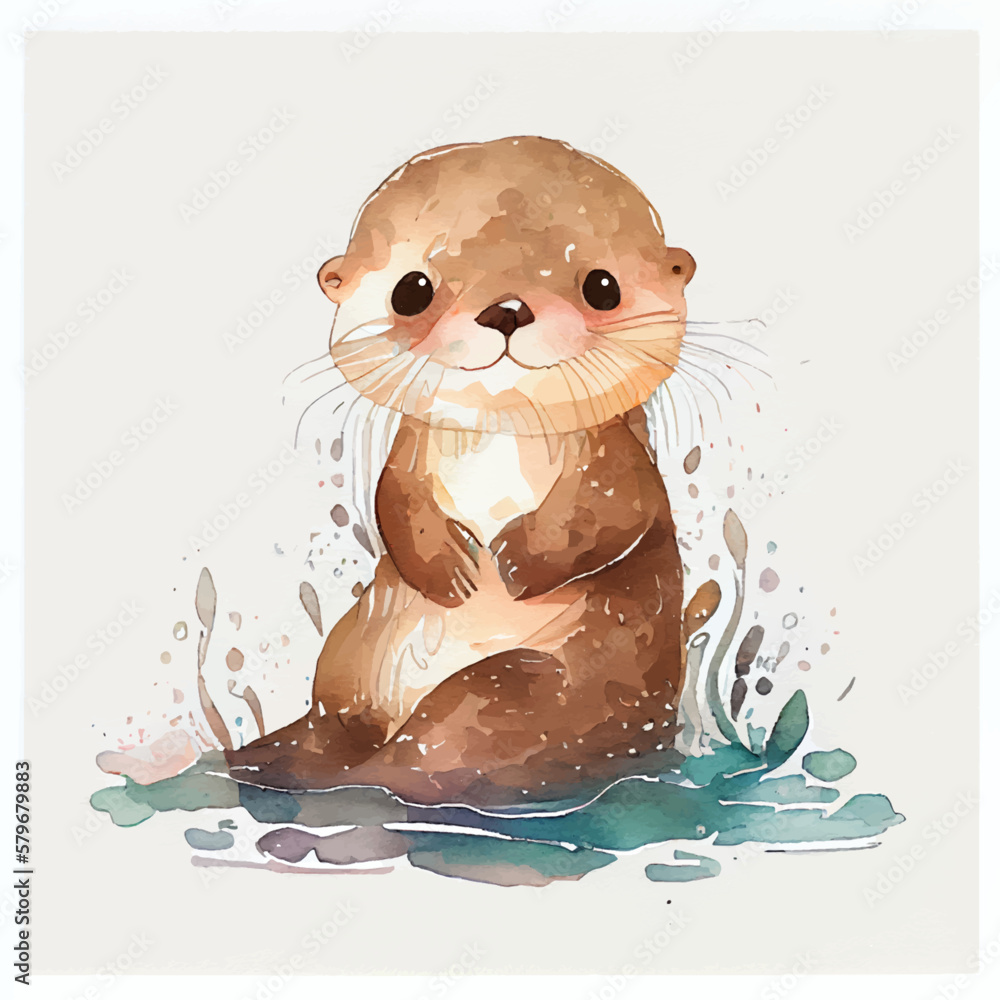 Cute otter watercolor illustration,fluffy little baby sea otter enhydra ...