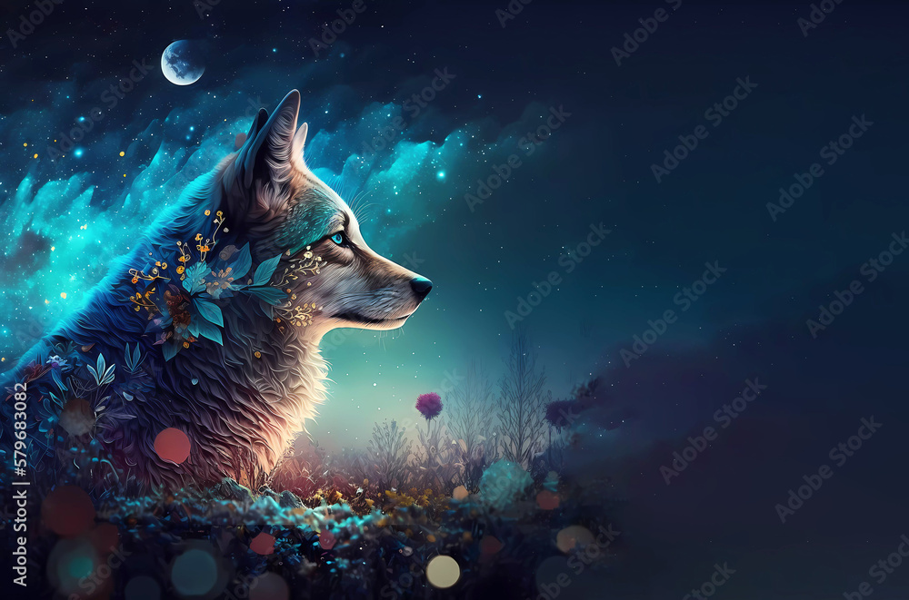 Wolf in the night landscape. Wolf with flowers in the night sky, month ...