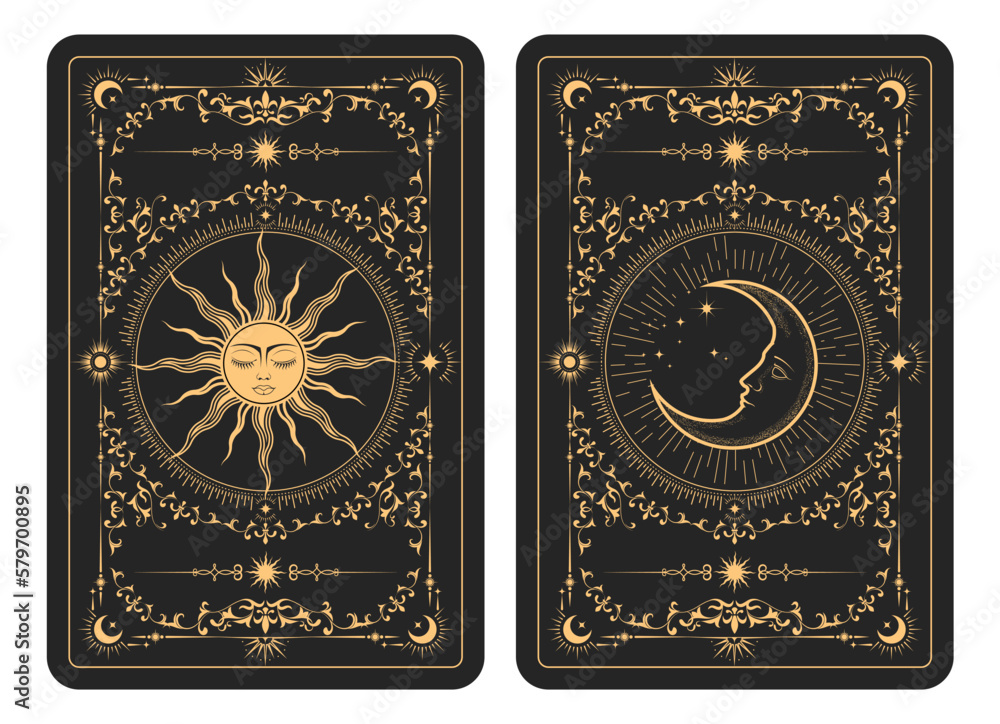The reverse side of a tarot cards batch, pattern with mystic sun and ...