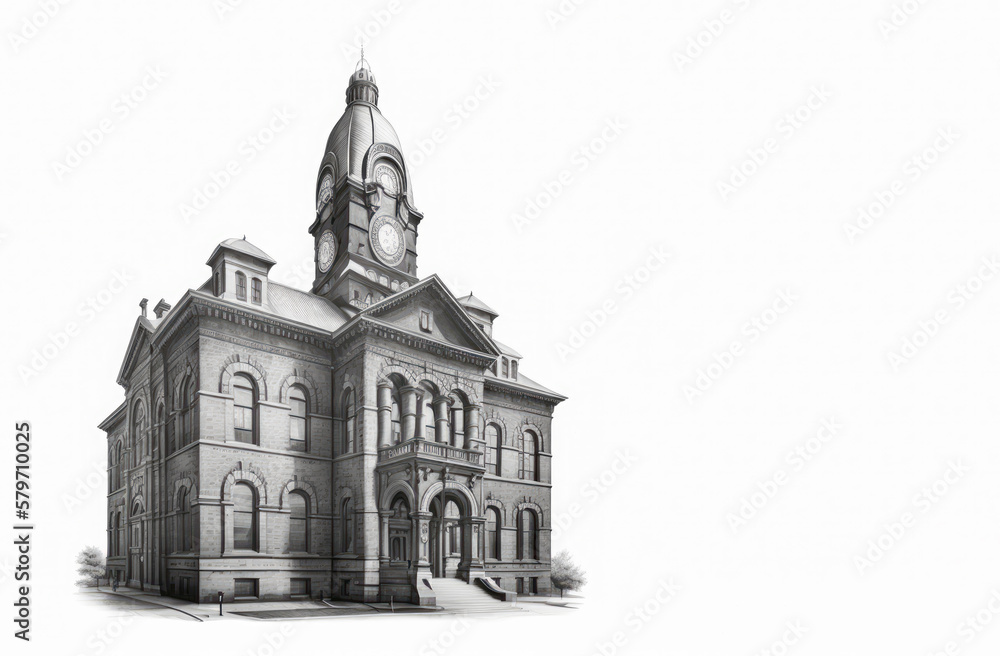 A city hall type building, in monotone ink drawing, isolated one white ...