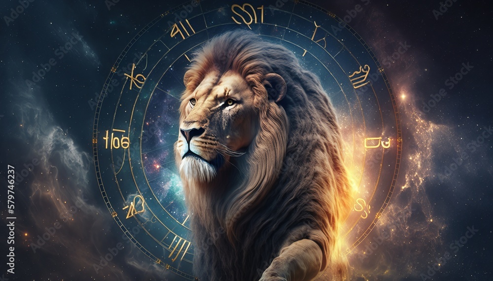 Zodiac sign of Leo, head of lion with magic light in star wheel Stock ...