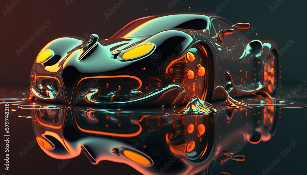 Glass car with neon orange and teal lighting. The edges of the car are ...
