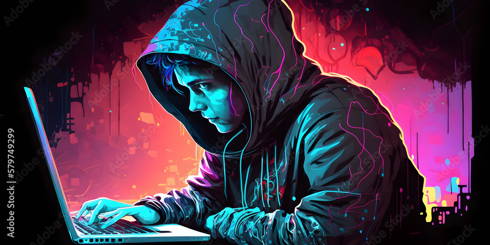 Hacker Server Room And Person On Laptop For Coding Software Data Center Crime And Cyberpunk In