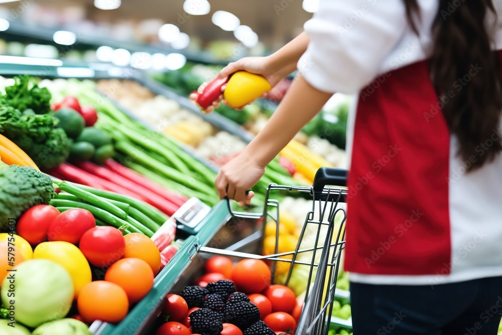 Candid photo of a woman selecting fresh produce in a grocery store ...