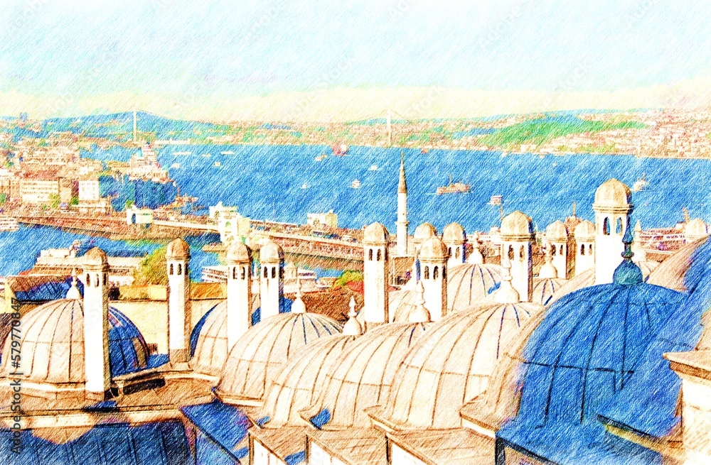 Colored pencil drawing of Istanbul Bosphorus strait view through domes ...