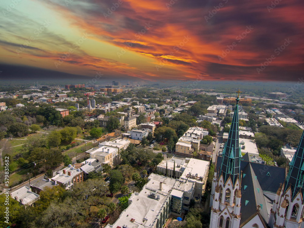 Stock-Foto „erial shot of the office buildings, apartments and shops in ...