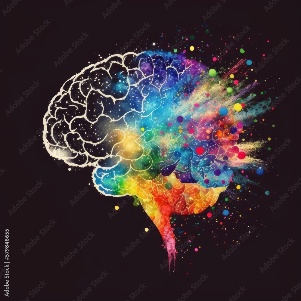 A digital illustration of the human brain with rainbows, glitter and ...
