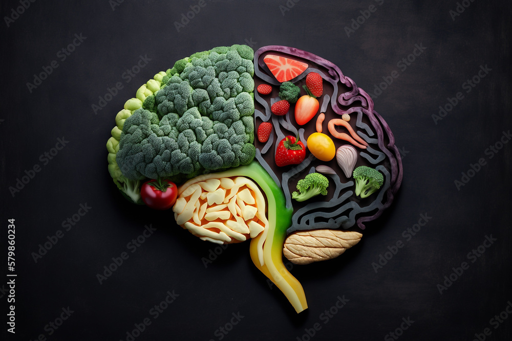Brain made from healthy food, fruits and vegetables. Concept of healthy ...