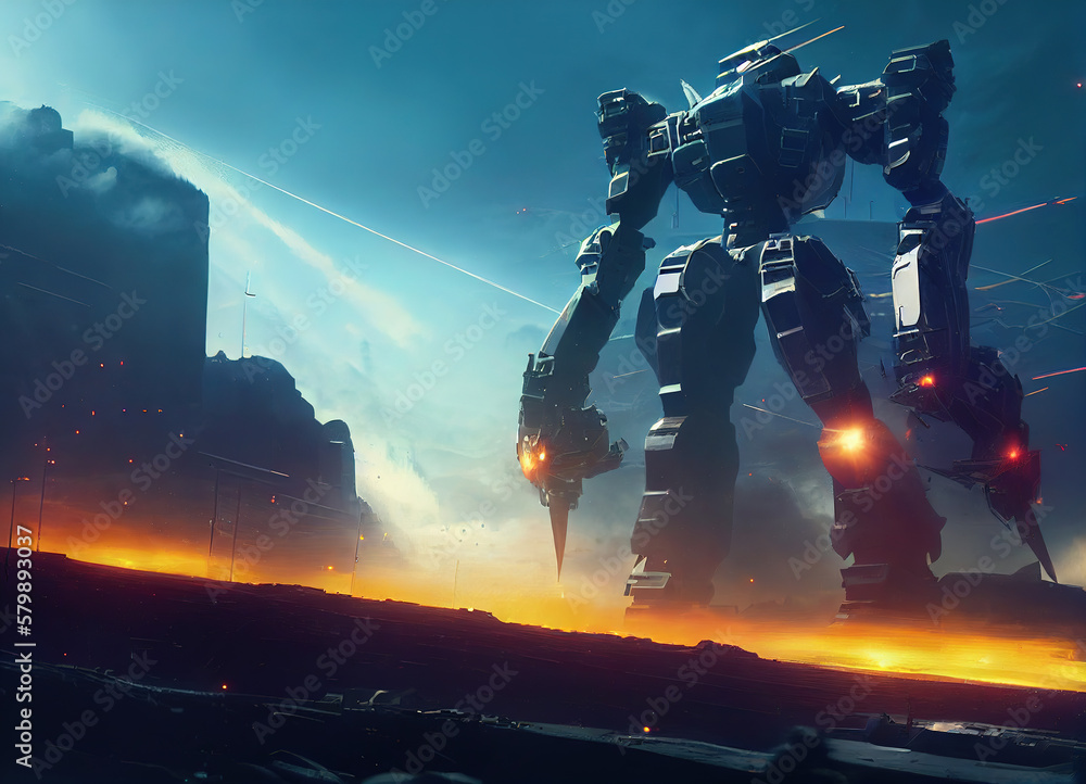 Ravishing and powerful mech warrior in advanced armor stand in combat ambiance firing sci-fi ...