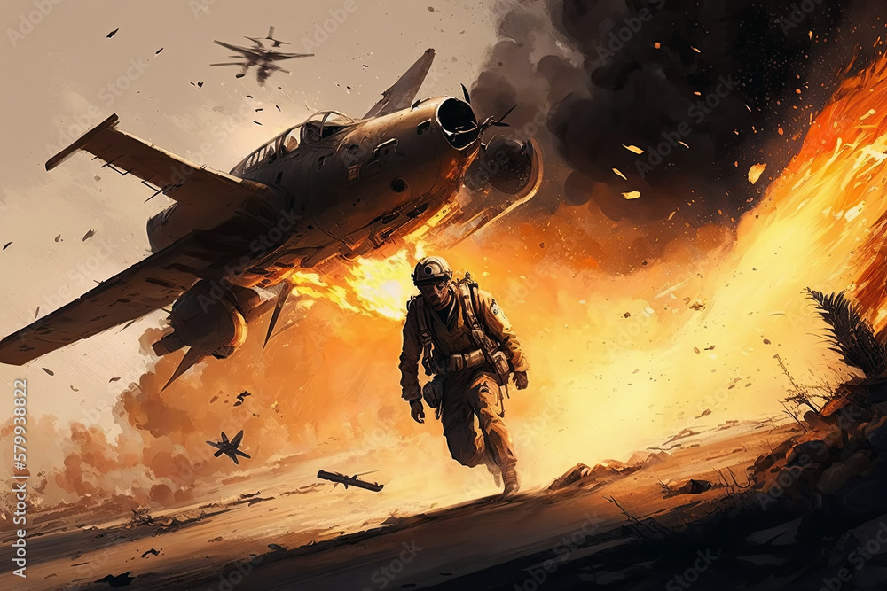 falling explosions burning military plane with male pilot at war ...