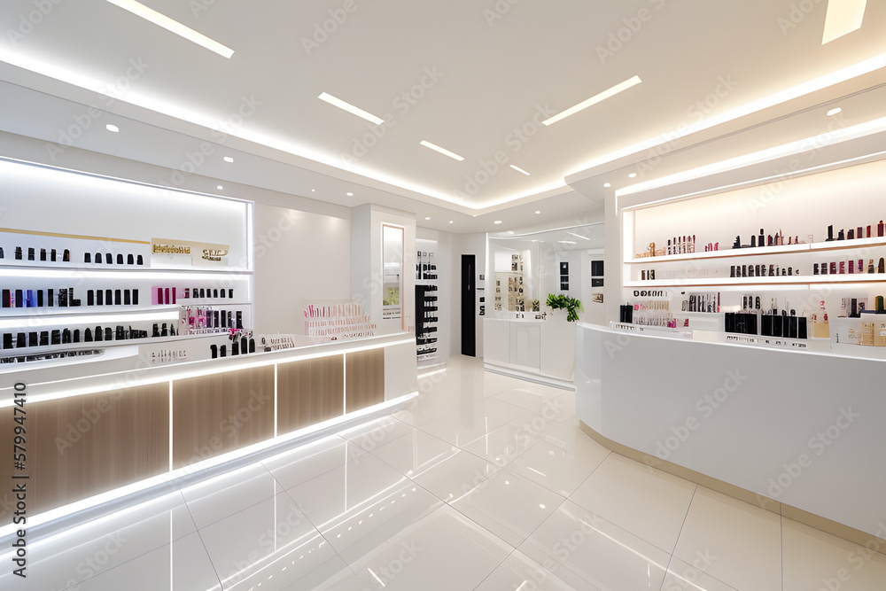 White glossy counter with skincare, cosmetic, treatment product in ...