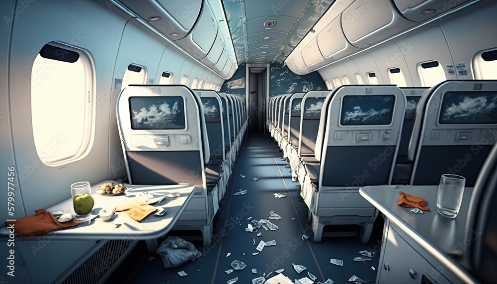 Mess in plane aisle after strong turbulence, scattered personal ...