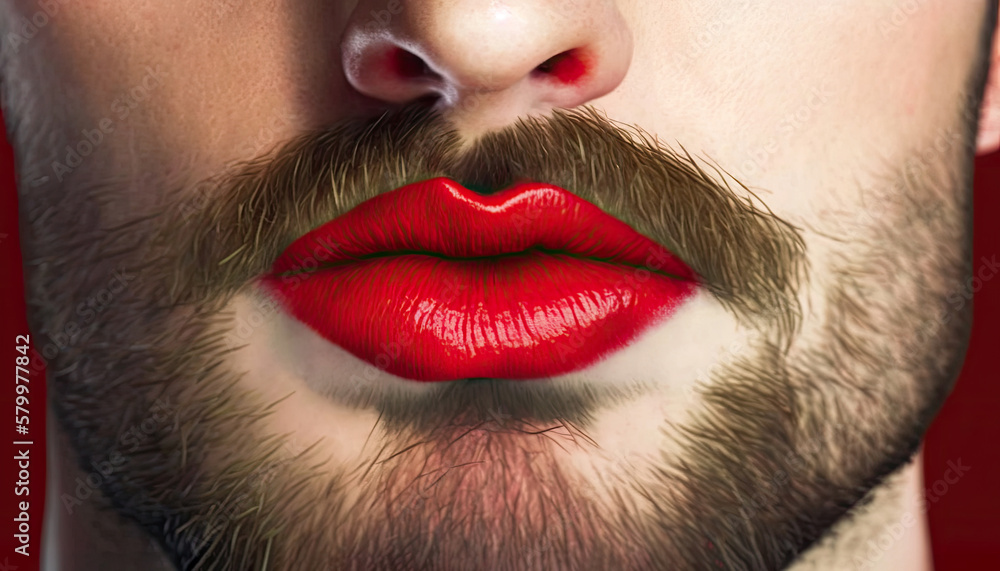 Male Lips Red Make Up Lipstick Close Up Lgbt Person With Thick Mustache And Unshaven Face