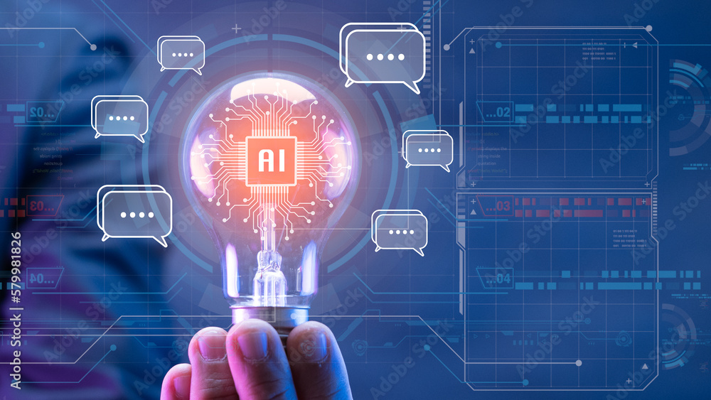 Human hand shows AI icon provide access information, digital chat bot concept. Artificial ...