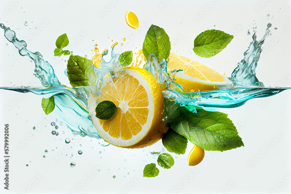 Water splash on white background with lemon slices, mint leaves and ice cubes. generative ai ...