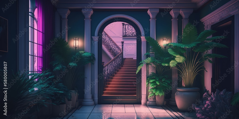 Realistic Synthwave Interior of a Luxury Mansion with a Nature-Inspired ...