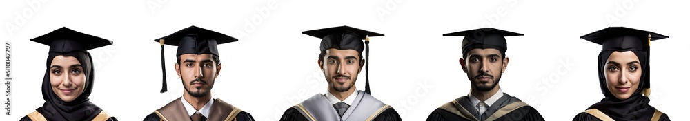 Set of middle-eastern graduation students isolated on transparent ...