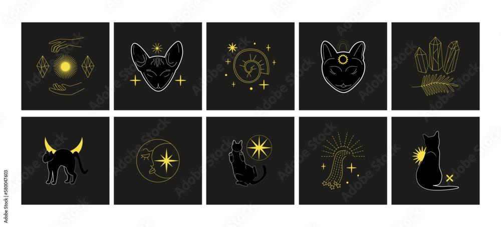 Set of magic mysterious cards, logos, prints. Black cat, hands gestures ...