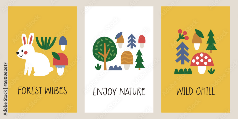 Cute vector woodland cards with forest animals, fox, hare, rabbit ...