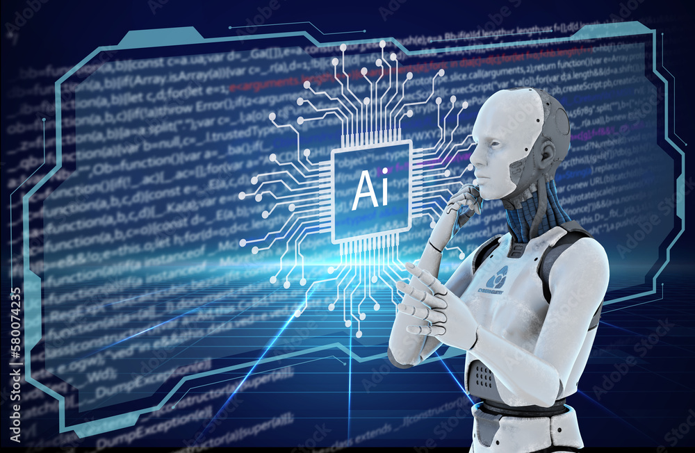 Robot hand artificial intelligence Ai pointing at word self learning improving development ...