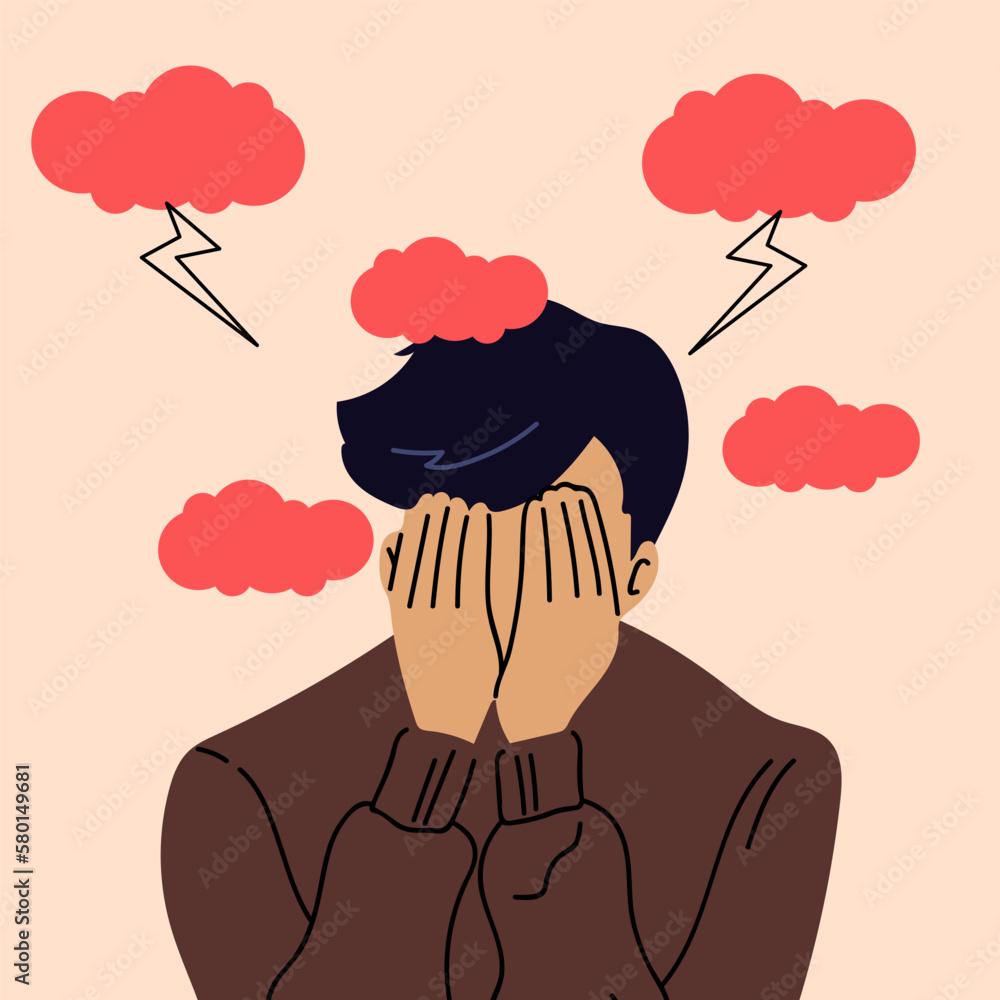 Sad, stressed young man under clouds with lightning. Psychology ...