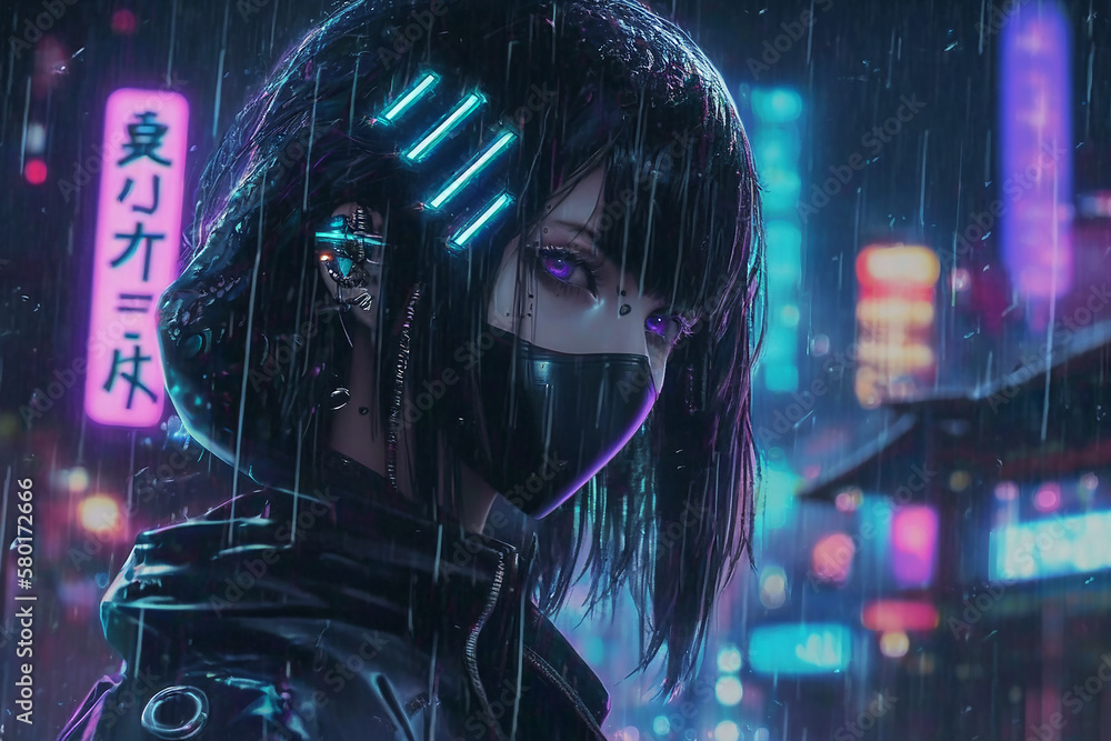 Dangerous Cyberpunk Character. Female Cyborg Assassin with Dark Hair ...