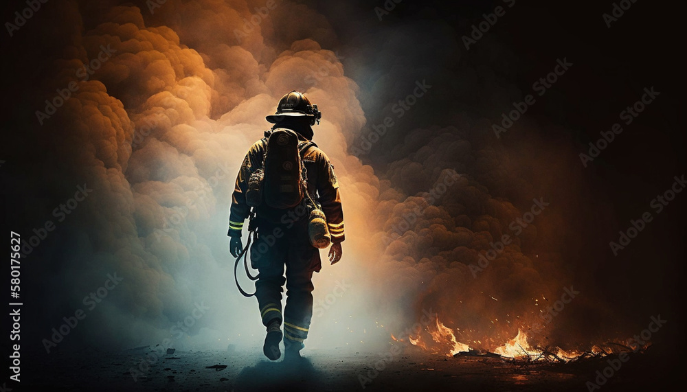 illustration of a firefighter between flames and smoke. shocking ...