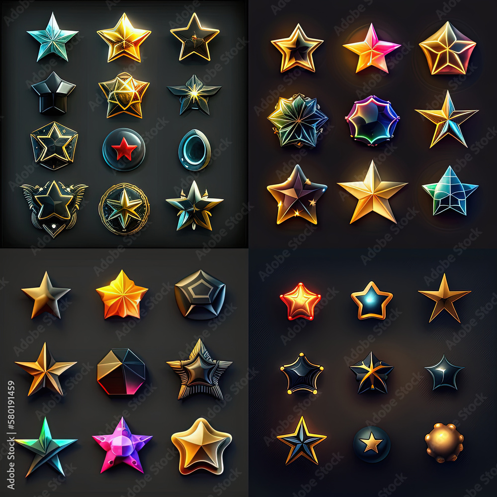 Set of star icons for game on black background. AI Stock Illustration ...