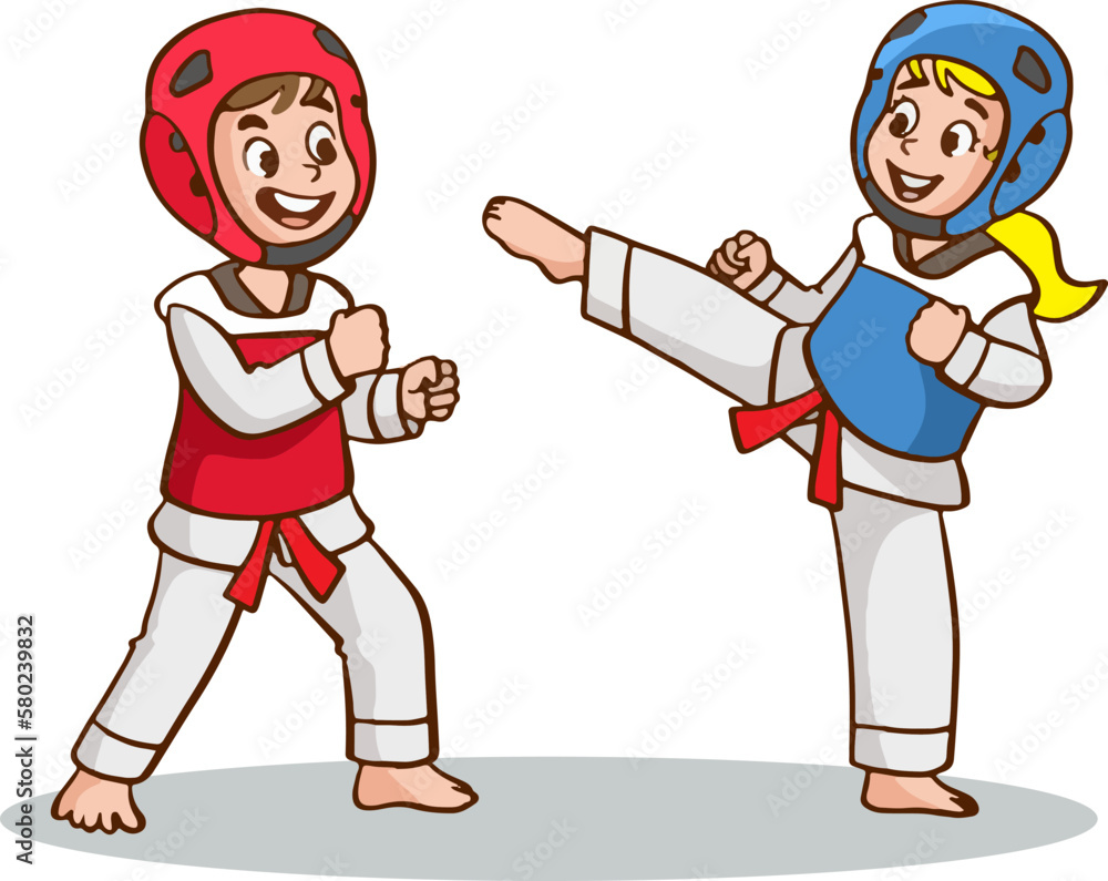 Cartoon kids training martial arts in kimono uniform. Karate or ...
