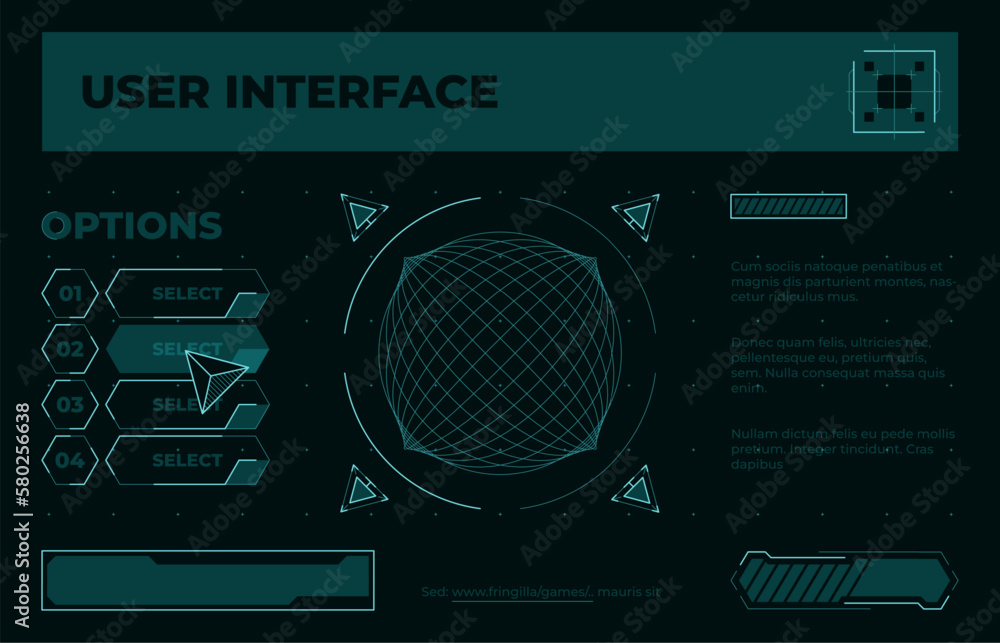 Futuristic menu screen. Game UI start screen with neon futuristic ...