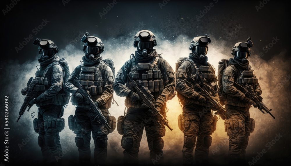 Special forces military units in full tactical gear holding weapon ...